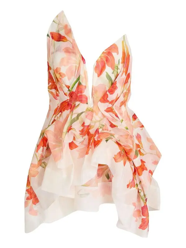 Zimmermann Floral-print Linen And Silk-blend Peplum Top - Tomato Red