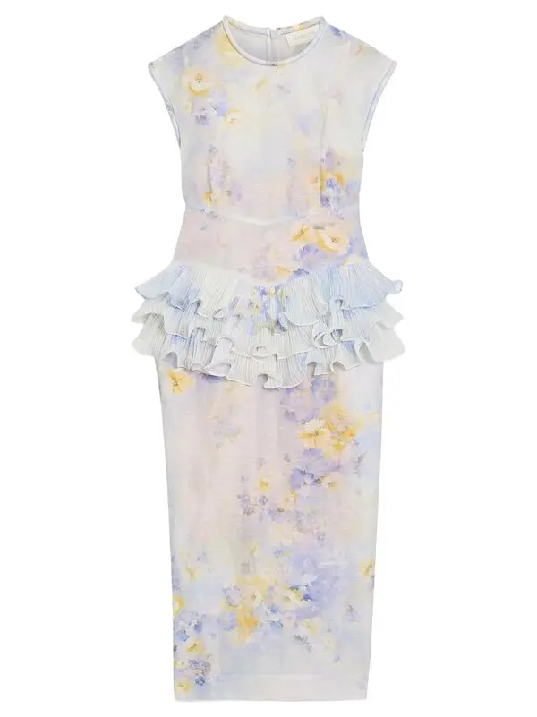 Zimmermann Ruffled Floral-print Linen And Silk-blend Gauze Midi Dress - Sky Blue