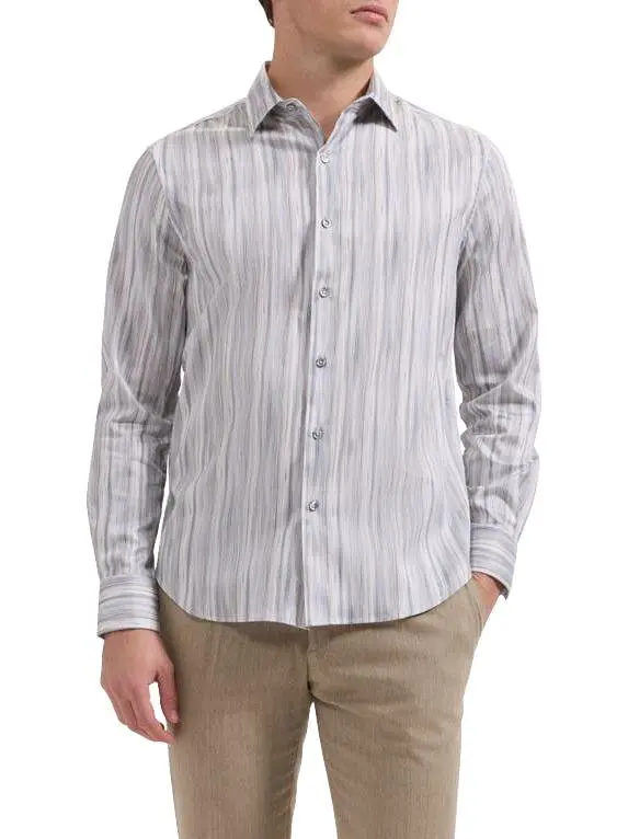 Bugatchi Julian Shaped Fit Brushstroke Stripe Print Stretch Cotton Button-up Shirt - Shark