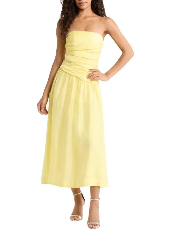 EVER NEW Rumi Ruched Strapless Midi Dress - Yellow
