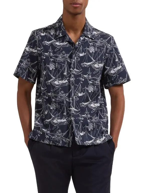 Bugatchi Jackson Marina Print Stretch Cotton Camp Shirt - Navy