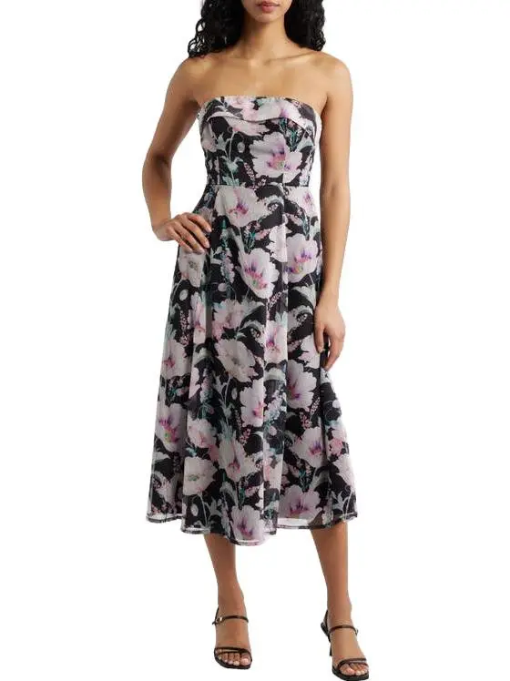 Lulus Floral Strapless Cocktail Midi Dress - Black Floral
