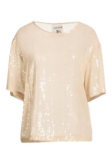 SEMICOUTURE Embellished Georgette Crewneck Short Sleeve Top - Sand