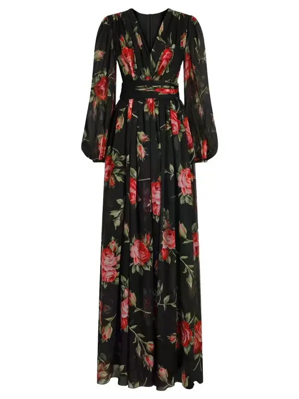Dolce & Gabbana Floral Long Sleeve Maxi Dress - Black