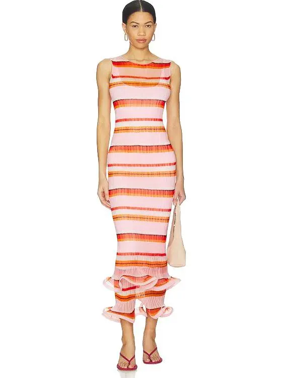 Simkhai Daniella Plisse Midi Dress - Blossom Stripe