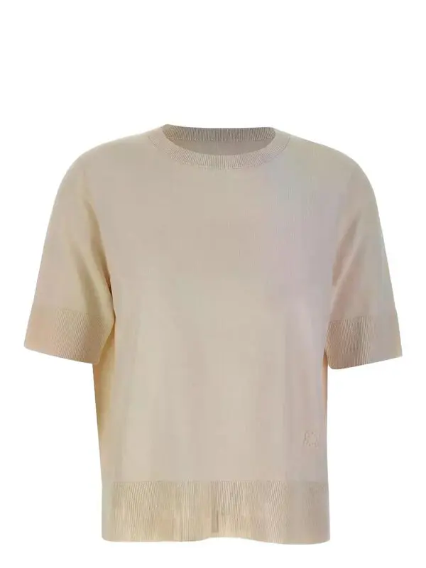 ELENA MIRO` Ribbed Knit Top With Logo - Neutrals