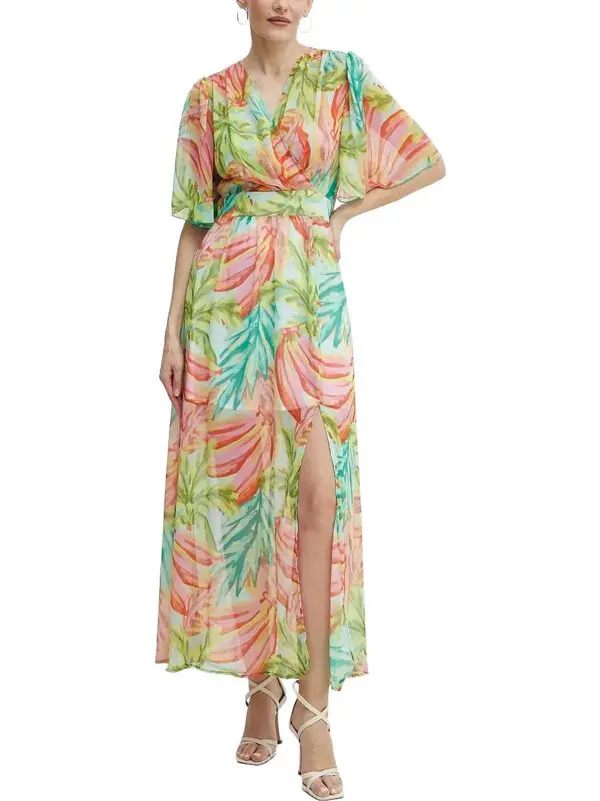 MORGAN Slit Floral Print Maxi Dress - Green