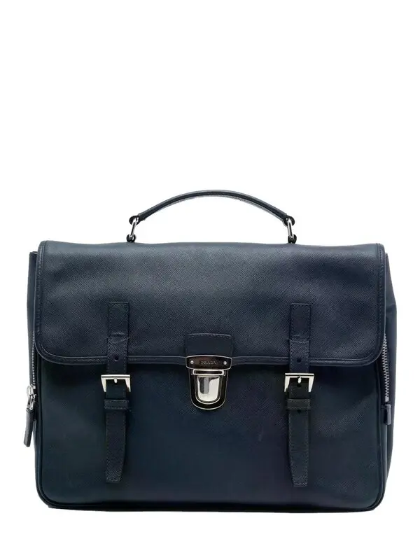 Prada Saffiano Double Buckle Briefcase Business Bag - Blue