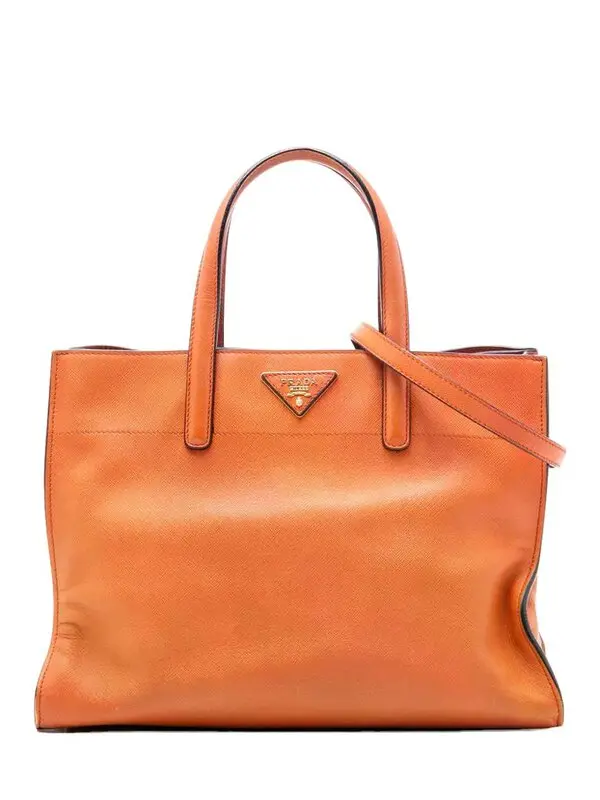 Prada Saffiano Soft Triple Pocket Tote Satchel - Orange