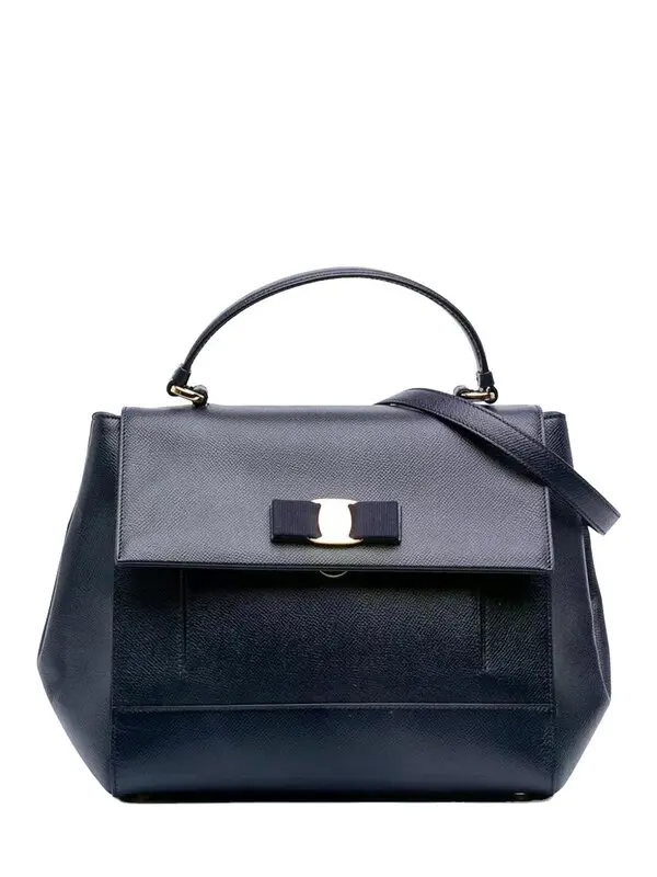 FERRAGAMO Leather Carrie Vara Bow Top Handle Satchel - Blue