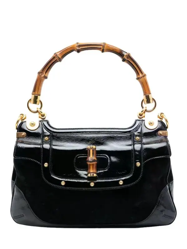 Gucci Suede And Patent Peggy Bamboo Top Handle Satchel - Black