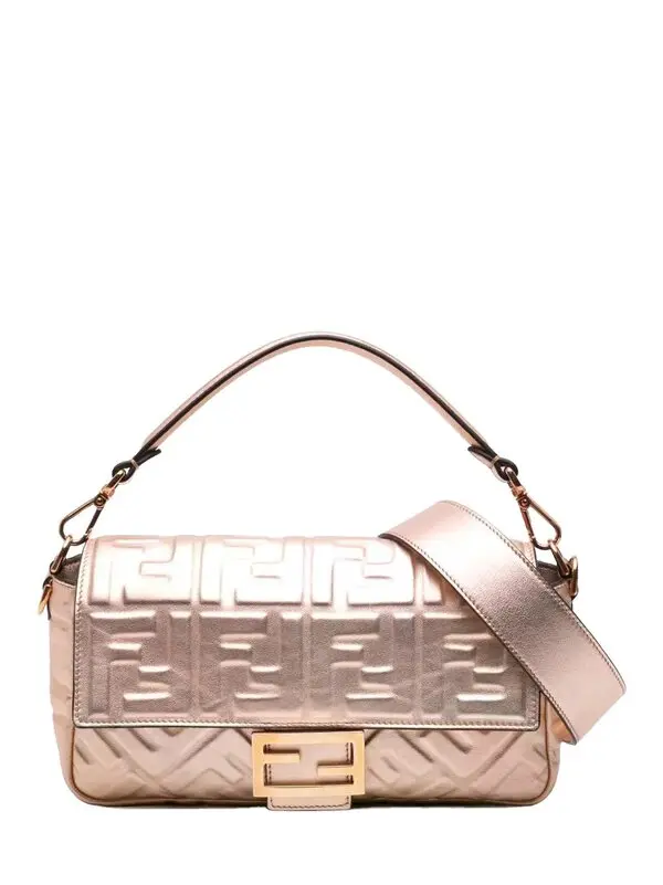 Fendi Zucca Embossed Leather Baguette Satchel - Gold