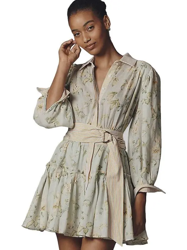 EN SAISON Rylee Long-sleeve Belted Shirt Dress - Sage Olive Yellow