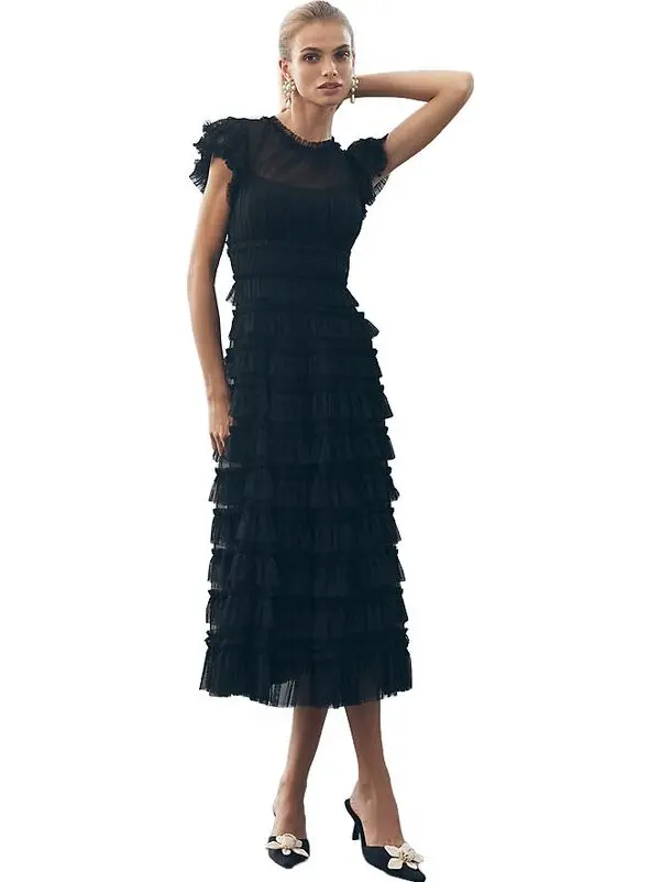 Mac Duggal Ruffled Short-sleeve Midi Dress - Black