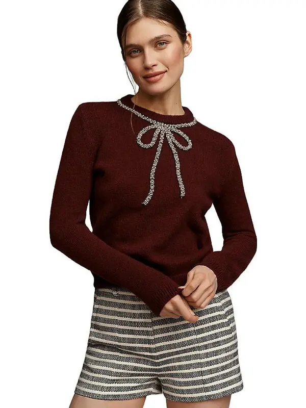 English Factory Rhinestone Bow Sweater - Wine