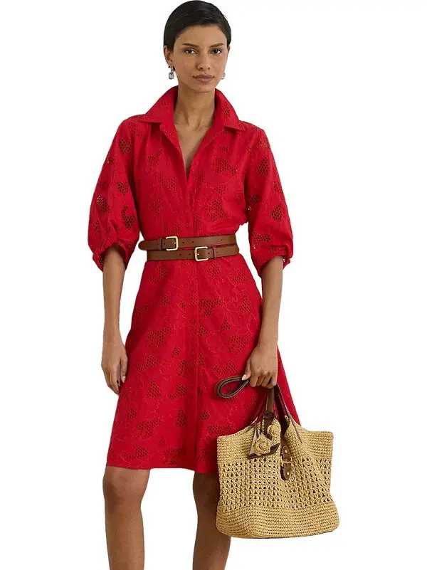 Ralph Lauren Eyelet Voile Balloon-sleeve Shirtdress - Cruise Red