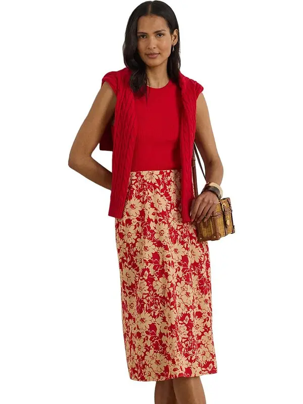 Ralph Lauren Floral Crepe De Chine Midi Skirt - Red/tan
