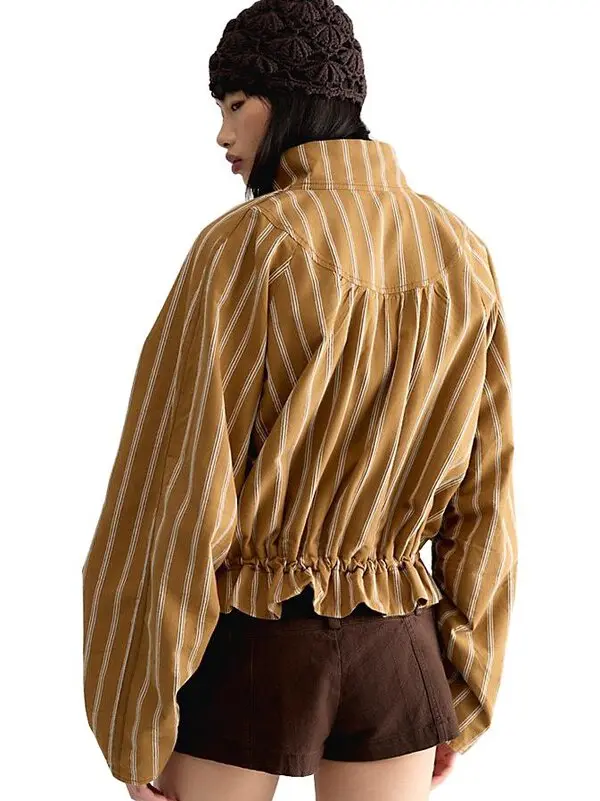 Free People Devon Striped Balloon Funnel-neck Jacket - Brown Combo