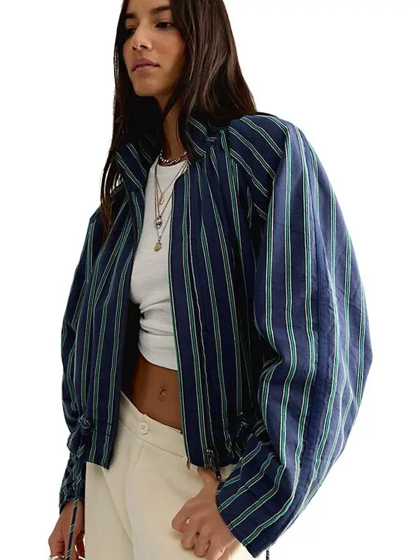 Free People Devon Striped Balloon Funnel-neck Jacket - Navy Combo