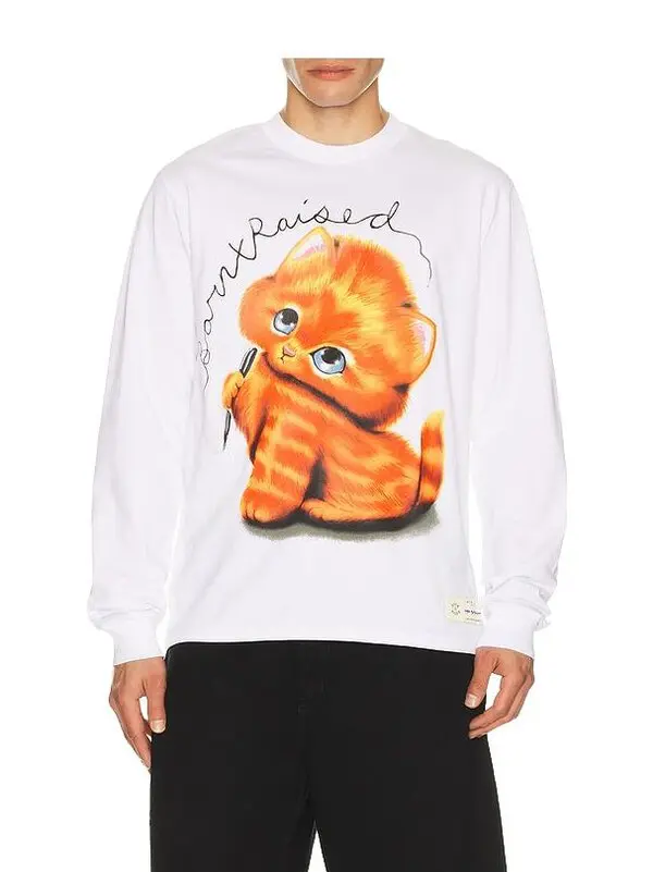 BORN X RAISED Kitty Long Sleeve Tee In . Also - White
