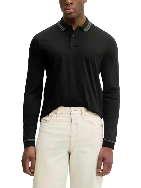 BOSS Striped-collar Long-sleeved Polo Shirt - Black