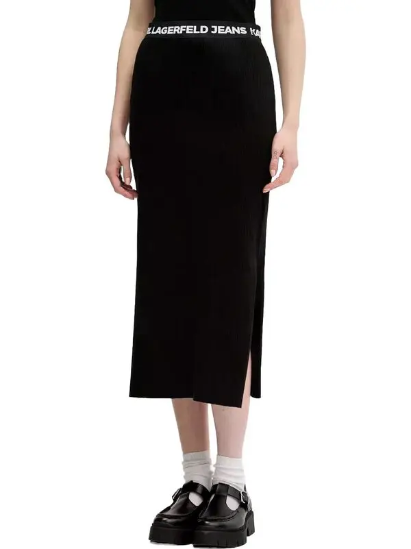 Karl Lagerfeld Ribbed Knit Midi Skirt With Slit - Black