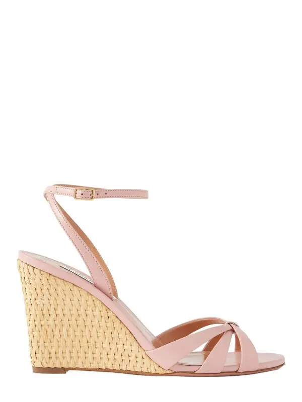 AQUAZZURA Tati 85 Leather And Wicker Wedge Sandals - Neutrals
