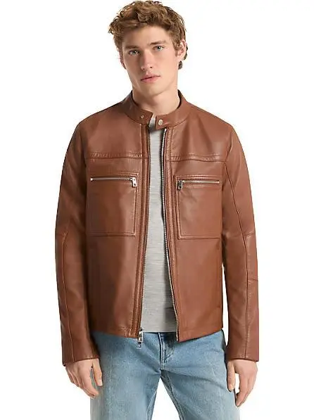 Michael Kors Leather Racer Jacket - Brown