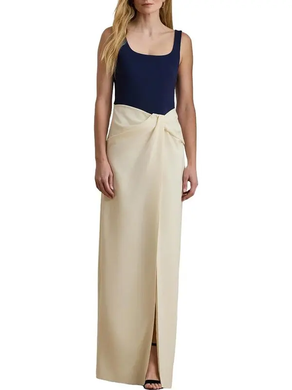 Ralph Lauren Two-tone Ottoman & Crepe Sleeveless Gown - Mascarpone Ivory/refined Navy