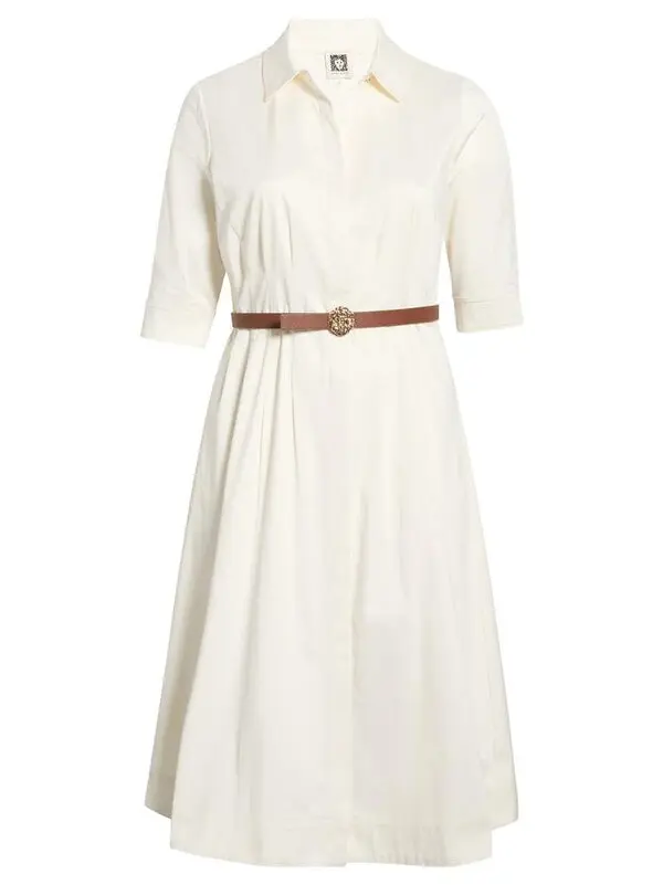 Anne Klein Belted Elbow Sleeve Cotton Sateen Shirtdress - White Dove
