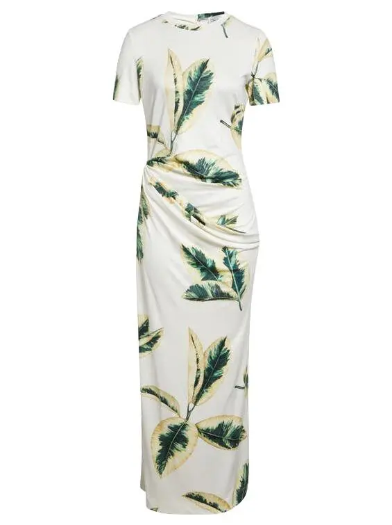 Oscar De La Renta Ficus Leaves Print Jersey Dress - Green/ivory