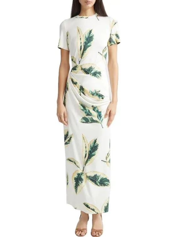 Oscar De La Renta Ficus Leaves Print Jersey Dress - Green/ivory