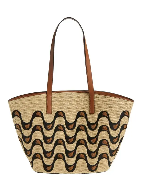Farm Rio Large Embroidered Raffia Basket Tote - Natural Raffia And Black