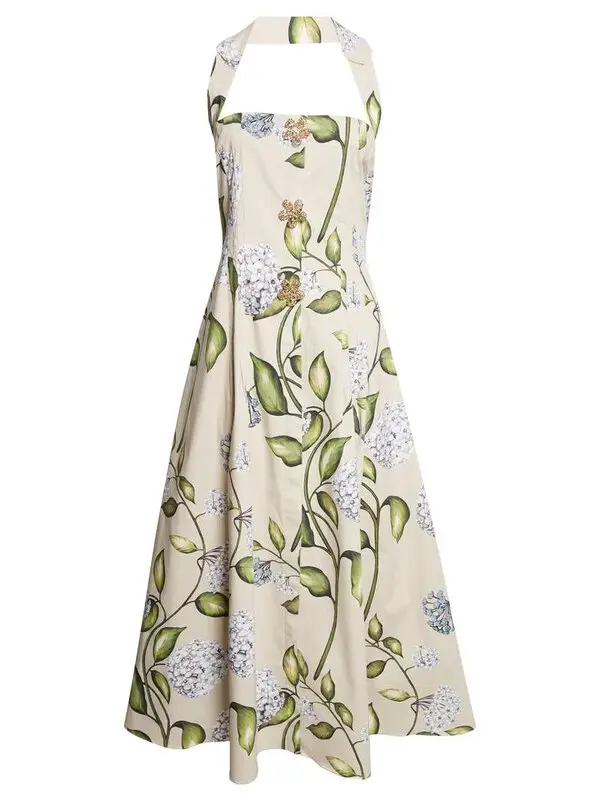Oscar De La Renta Porcelain Flowers Stretch Cotton Poplin Halter Neck Dress - Denim/oatmeal