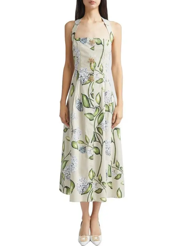 Oscar De La Renta Porcelain Flowers Stretch Cotton Poplin Halter Neck Dress - Denim/oatmeal