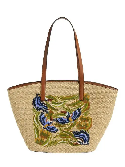 Farm Rio Large Embroidered Raffia Basket Tote - Sunny Paradise Embroidery
