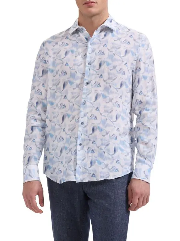 Bugatchi Julian Shaped Fit Abstract Print Linen Button-up Shirt - Air Blue