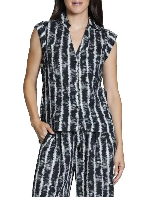 APNY Tie Dye Stripe Sleeveless Button-up Shirt - Blackwhite