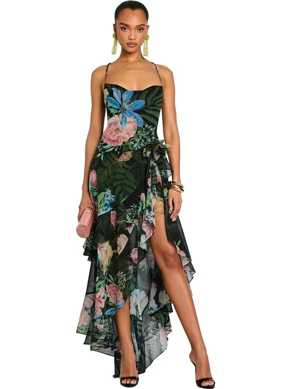 Retrofete Samara Silk Chiffon Dress - Noir Fleur Tropicale