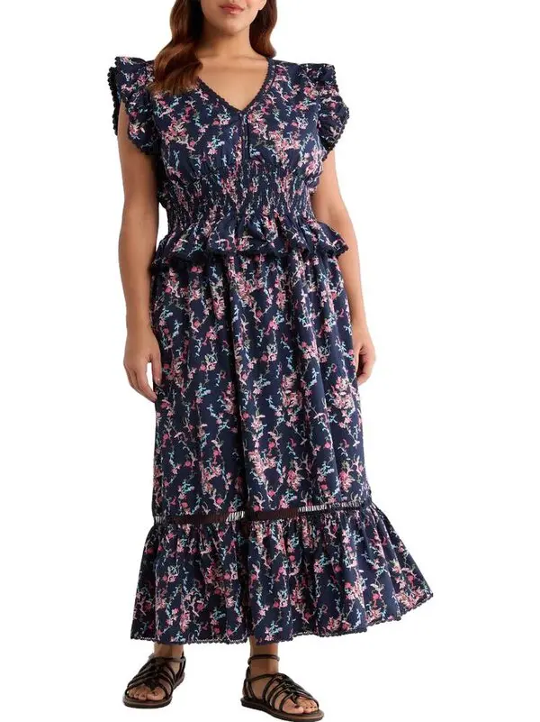 Treasure & Bond Floral Flutter Sleeve Peplum Maxi Dress - Navy Lilibet Floral