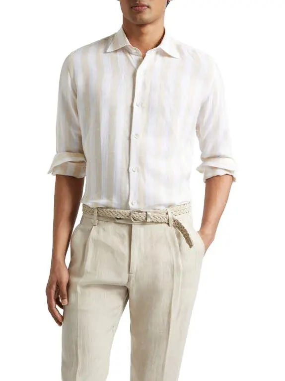 Eleventy Stripe Linen Button-up Shirt - 102 Coriander