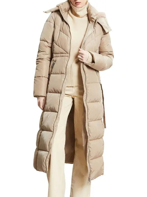 OTTOD'AME Quilted Puffer Long Jacket With Belt - Stone