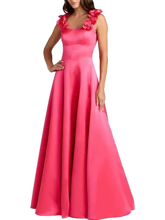 Mac Duggal Satin Ballgown With 3d Floral Detail - Hot Pink