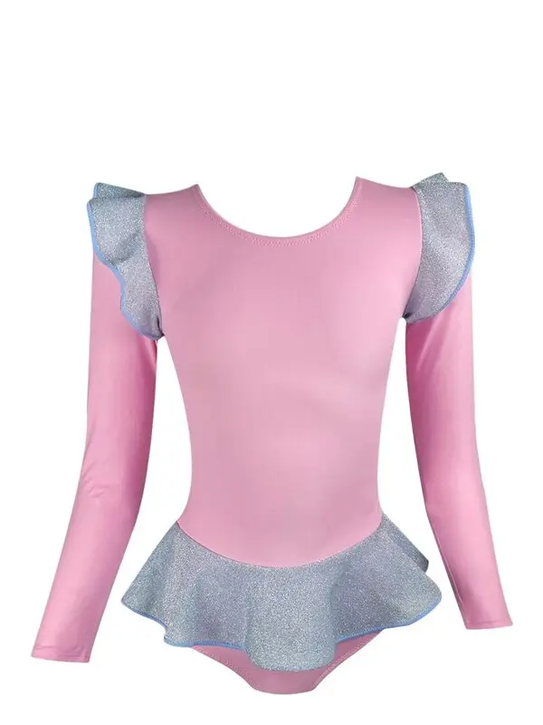 NESSI BYRD Silver Glitter Ruffles Long-sleeve Rashguard - Pink