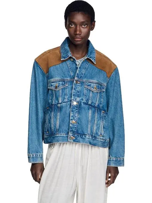Sandro Denim And Suede Oversized Jacket - Light Bu Jean