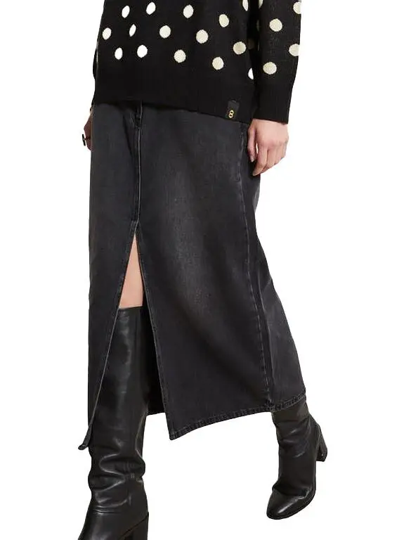 OTTOD'AME Long Denim Skirt With Slit - Black