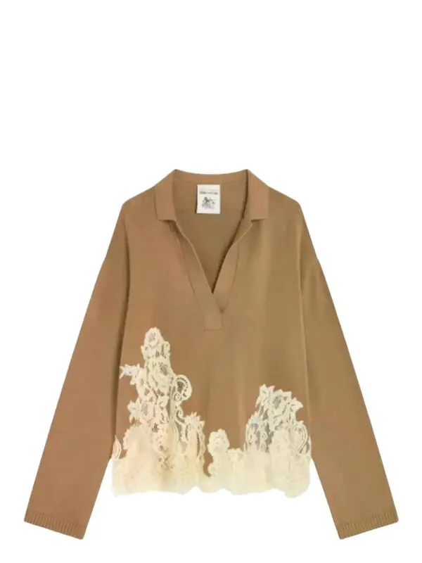 SEMICOUTURE V-neck Sweater With Lace Detail - Neutrals
