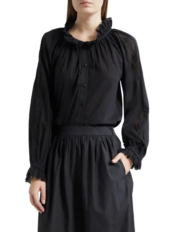 Mille Annette Lace Detail Cotton Button-up Shirt - Black