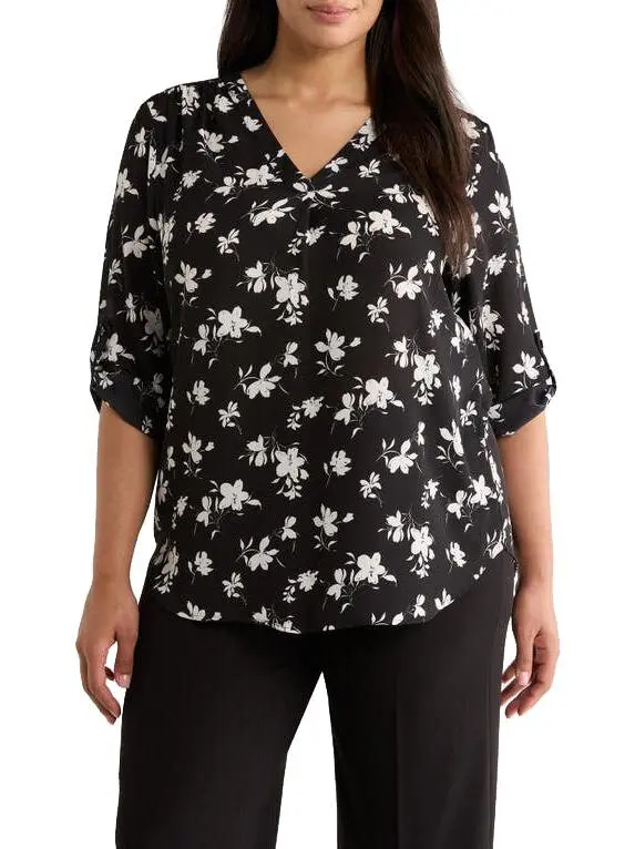 Anne Klein V-neck Roll Tab Top - Anne Black/white Dove