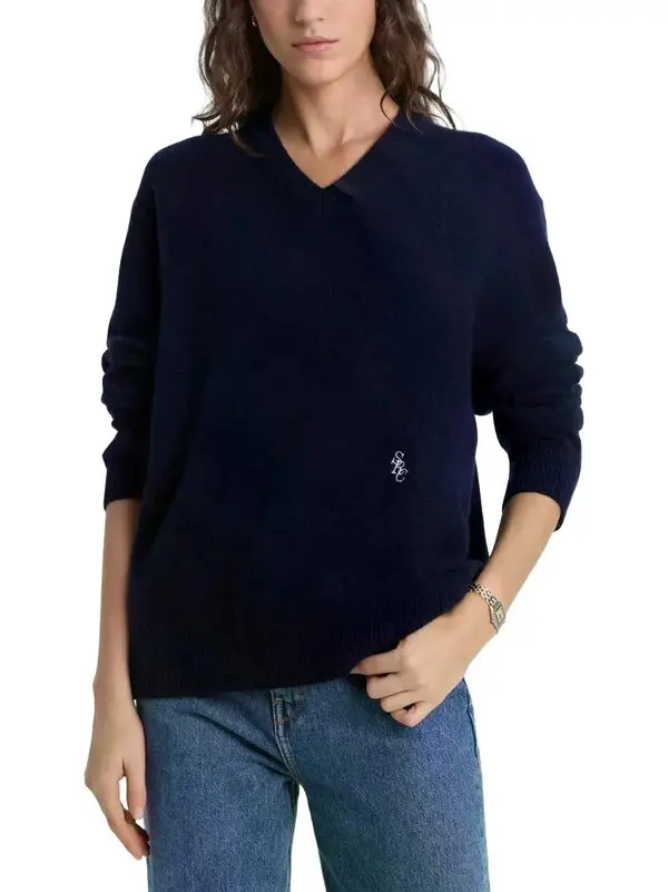 SPORTY & RICH Embroidered-logo V-neck Sweater - Blue